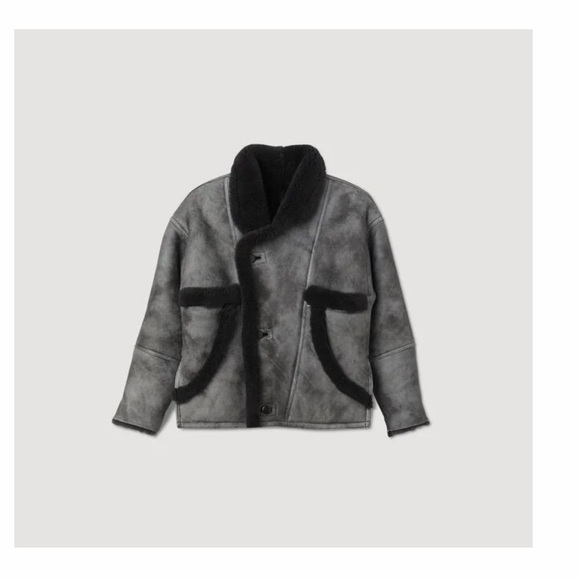 Sandro | Jackets & Coats | Sandro Gray And Black Leather Shearling ...